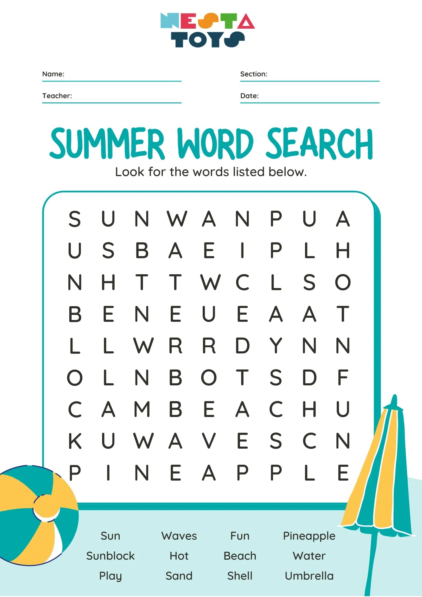 Summer Word Search Activity Sheet – nestatoys