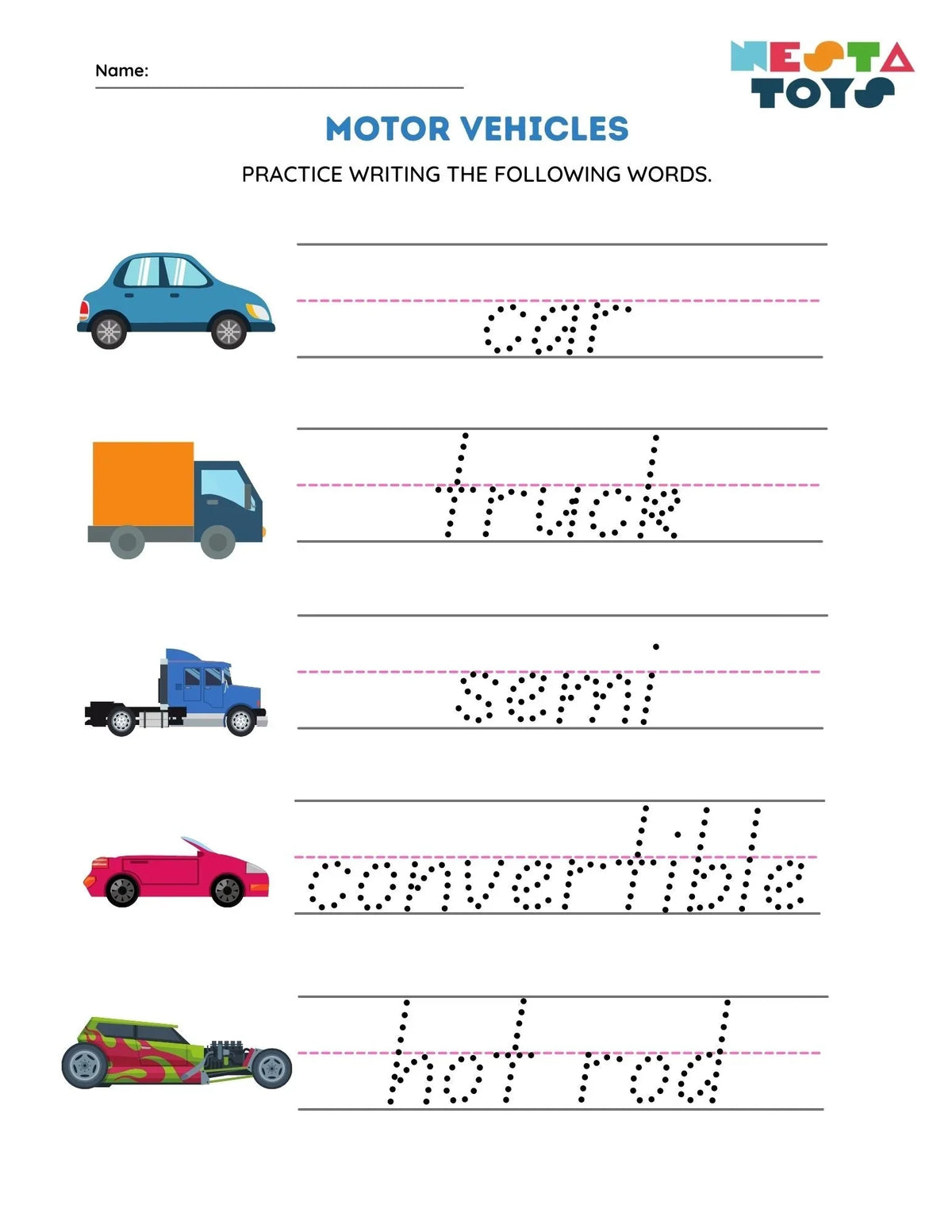Vehicle Spelling - Trace The Alphabets Activity Sheet – nestatoys